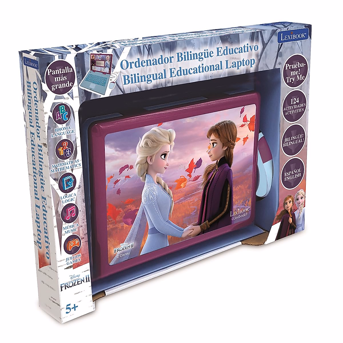 Lexibook Disney Frozen 2 - Educational and Bilingual Laptop Spanish/English - Girls Toy with 124 Activities to Learn, Play Games and Music with Elsa & Anna - Blue/Purple, JC598FZi2