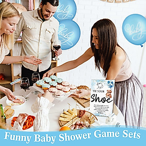 Roowest 51 Pcs Tie Your Shoe Baby Shower Game Sign Wooden Bear Baby Shower Sign Baby Gift Sets Gender Reveal Party Favors 50 Blue Baby Latex Balloons for Boy Girl Baby Shower Game Supplies Decors
