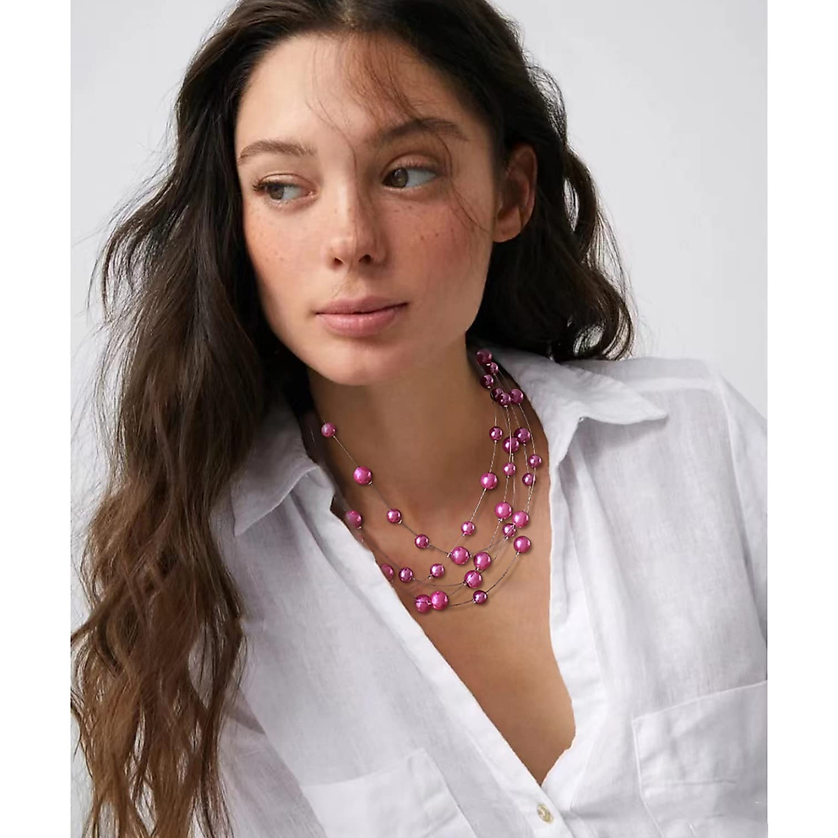 FULU AUTUMN Layered Pearl Necklace Multi-strand Pearl Choker Necklaces for Women Beaded jewelry for Wedding Parties(Hot pink)