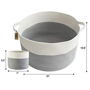 COMFY-HOMI 4pc Baskets = 1pc 21x21x13.6”Rope Laundry Basket + 1pc Tall Rope Baskets 18X16”with Handle Laundry Storage Bin + 2pc Small Gift Baskets - White and Grey