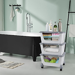 Neadas 3 Tier Stackable Storage Baskets with Wheels, Rolling Stackable Basket, Gray