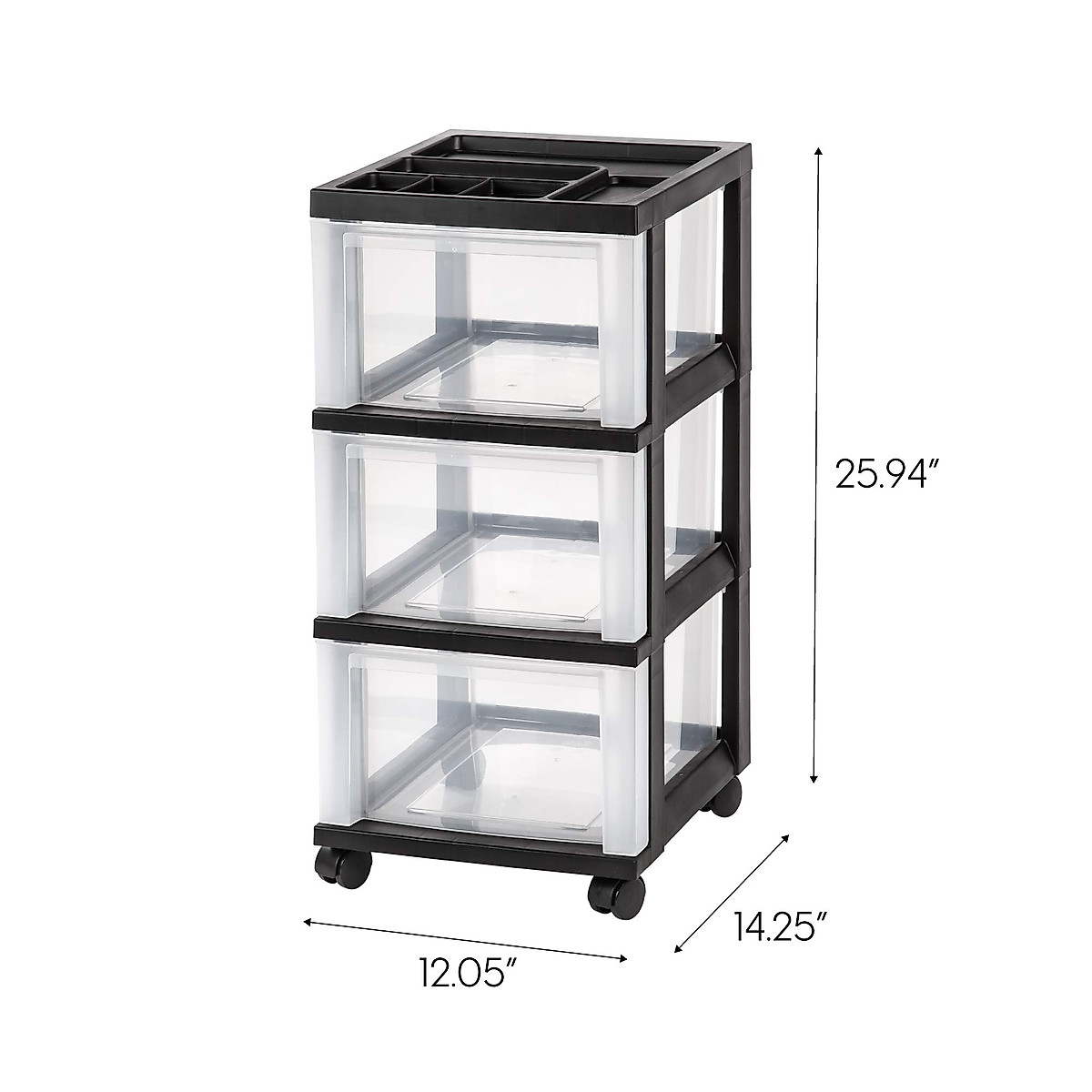 IRIS USA MC-303-TOP Plastic Storage Drawer, Rolling Cart with Organizer Top, 3, Black