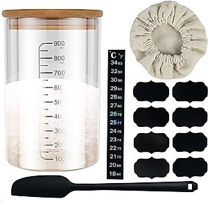 7Pcs Sourdough Starter Jar Kit with Scale 900ml Reusable Sourdough Starter Container with Bamboo Lid Multipurpose Wide Mouth Glass Sourdough Fermentation Jar for Sourdough Baking(combination)