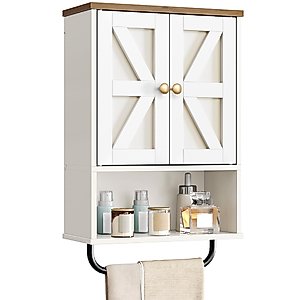 CHOEZON Bathroom Wall Cabinet, Medicine Cabinet with Open Partition and Towel Bar, Rustic Storage Cabinet with Open and Hidden Storage Space, for Bathroom, Living Room, Kitchen, White and Walnut