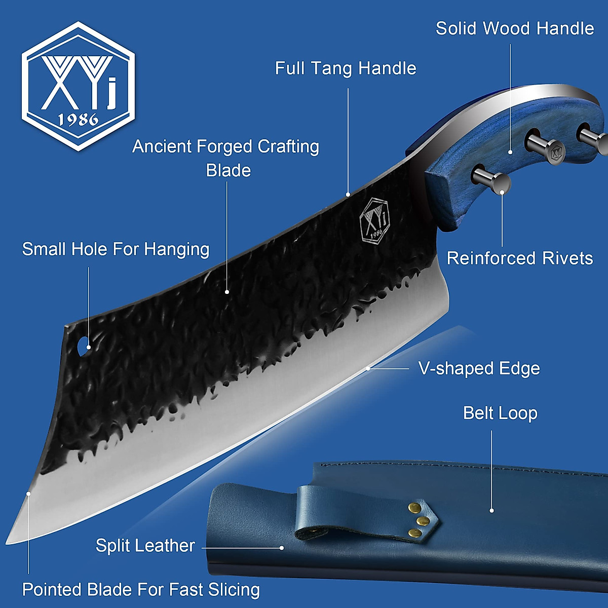 XYJ Full Tang Kitchen Knife Chinese Vegetable Knives Forged Serbian Butcher Knife With Carry Sheath For Home Kitchen or Camping