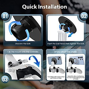 Orzero Magnetic Controller Phone Mount Clip compatible for PS5 Dualsense Controller, Adjustable Mag-Safe holder Accessories for iPhone and Android Phones Remote Stream Gaming - Black