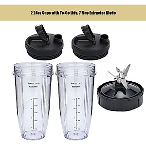 24oz Blender Cups and 7 Fins Blade for Ninja Nutri BN401, BN400, BN801, BN800, Replacement Cups with Sip and Seal Lids. (2Pcs 24oz Cups+1 Pc Blade)- PBA Free.