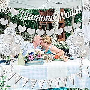 60th Anniversary Decorations, 60th Diamond Wedding Glitter Banners, 60th Anniversary Bunting Flag and Balloons for Anniversary Party Supplies