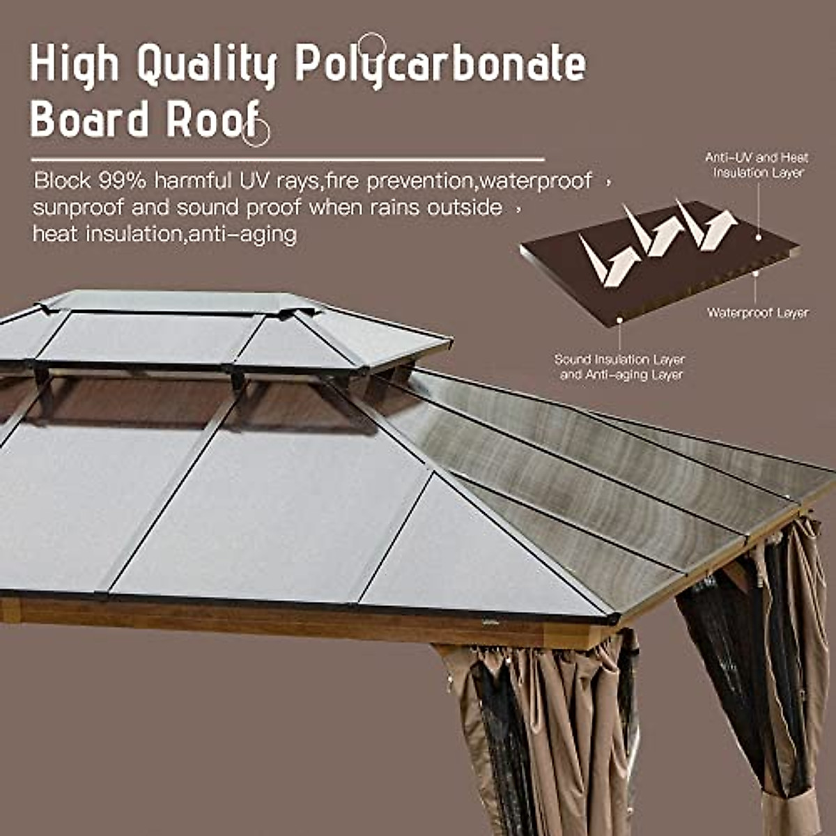 Domi Outdoor Living 10’ X 12’ Hardtop Gazebo Outdoor Aluminum Gazebo with Polycarbonate Double Roof Canopy for Lawn and Garden, with Curtains & Net (Wood Looking)