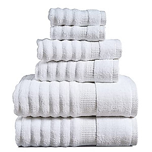 LANE LINEN Ribbed White Bath Towels - 100% Cotton Towel Sets for Bathroom, Zero Twist, Soft Textured Bathroom Towels, Absorbent, Quick Dry, 2 Bath Towels, 2 Hand Towels, 2 Wash Cloths - 6 Piece Set