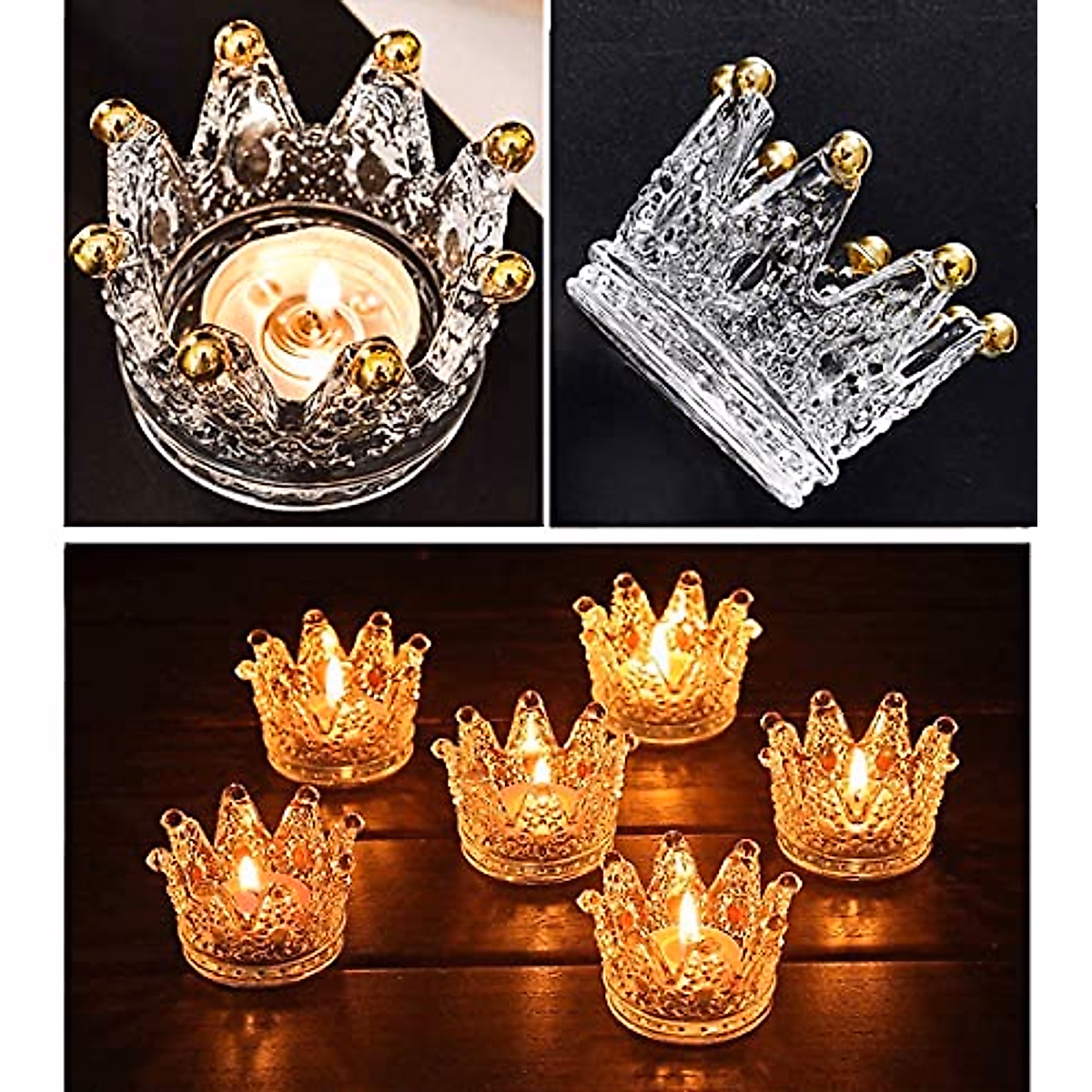 Vixdonos Votive Candle Holders Set of 6 Crown Glass Tealight Candle Holder for Wedding, Party and Home Decor (Gold Tips)