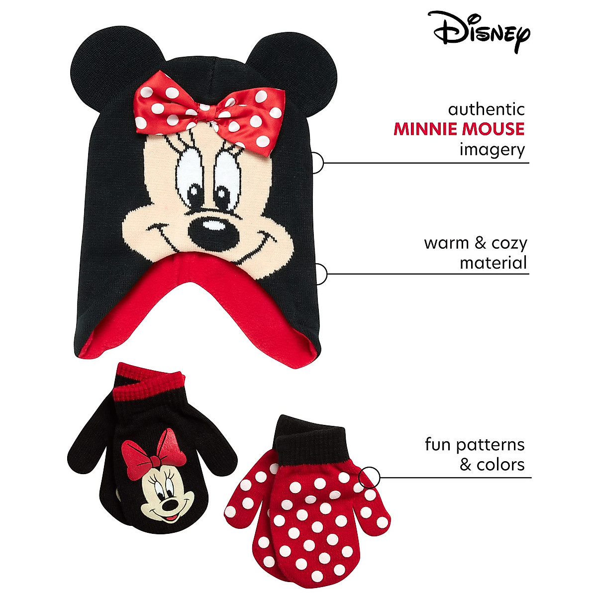 Disney Girls Minnie Mouse and Vampirina Winter Hat and 2 Pair Mitten or Glove Set (Toddler/Little Girl), Size Age 2-4, Red Minnie Mittens 2-4