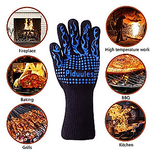 Piduules BBQ Grill Gloves, 1472°F Heat Resistant Non-Slip Grill Mitt with Elastic Cuff for Frying, Barbeque, Cooking, Baking, Oven, Cutting,14 Inch (Blue)