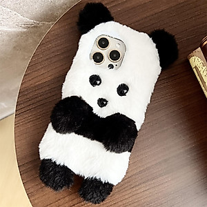 for Samsung A04/A04s Furry Phone Case, Super Cute Plush Panda Sweet Animal Cartoon Lovely Stuffed Toy Soft Hair Fluffy Fuzzy Fur Protective Case