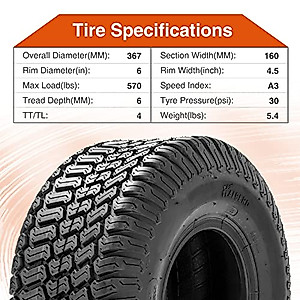 HALBERD 2 PCS 15x6.00-6 Lawn Mower Tires 4PR Turf Saver Lawn & Garden Tires for Garden Tractor Riding Mower, Tubeless