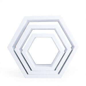 YIYIBYUS Floating Shelves, 3 Pack Wall-Mounted Wooden Storage White Floating Wall Shelves Display Storage Shelf Wall Wood Hexagon Shape Home Decor Hexagon Wooden Wall Shelf Set