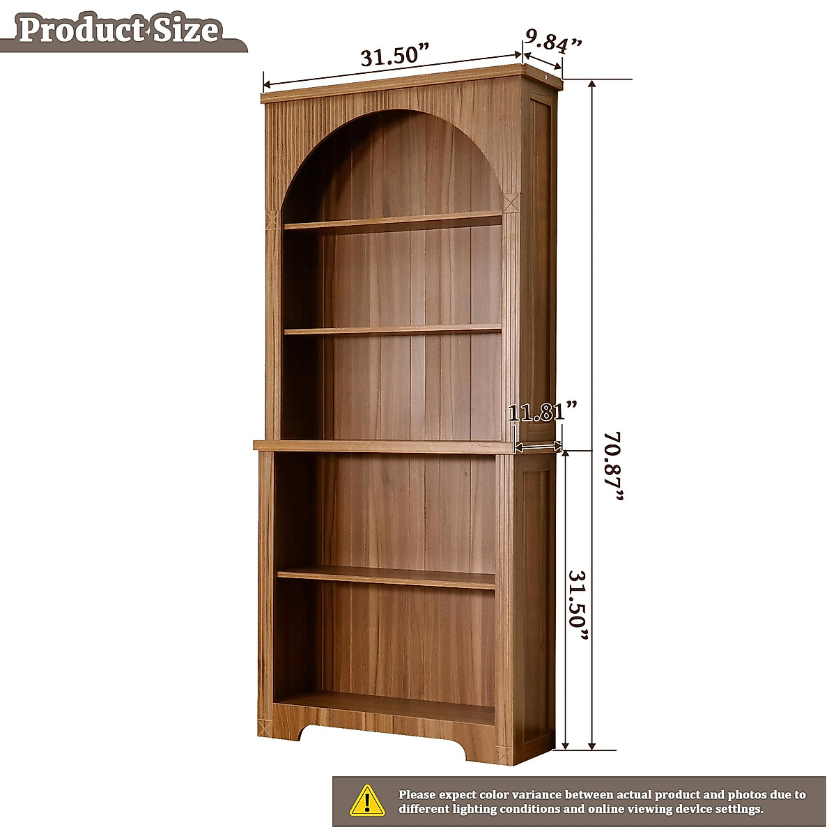 Janmer Home 71" Tall Narrow Bookshelf, Modern 5-Tier Arched Bookshelf, Arched Narrow Bookcase with Open Display Storage Shelf for Office, Living Room (Walnut, 71inch 1pcs)