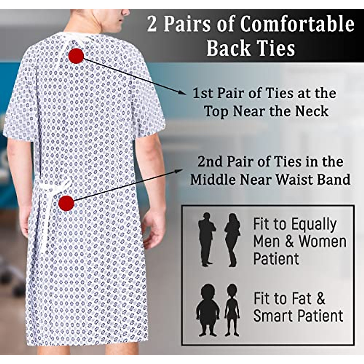 RUVANTI 4 Pack Hospital Gowns for Women/Men - Medical Patient Gowns for Elderly Women - Plus Size Gowns for Home Care - Labor and Delivery/Nursing - Comfortably Fits Sizes up to 2XL