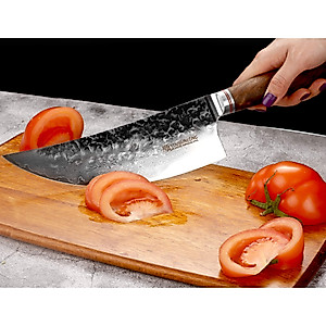 YOUSUNLONG Cleaver Knife 8 Inch（205mm） Butcher Knife Japanese Hammered Damascus Steel Natural Walnut Wooden Handle with Leather Sheath