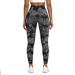 Aoxjox Seamless Scrunch Legging for Women Asset Tummy Control Workout Gym Fitness Sport Active Yoga Pants (Tie-Dye Black Grey, Small)
