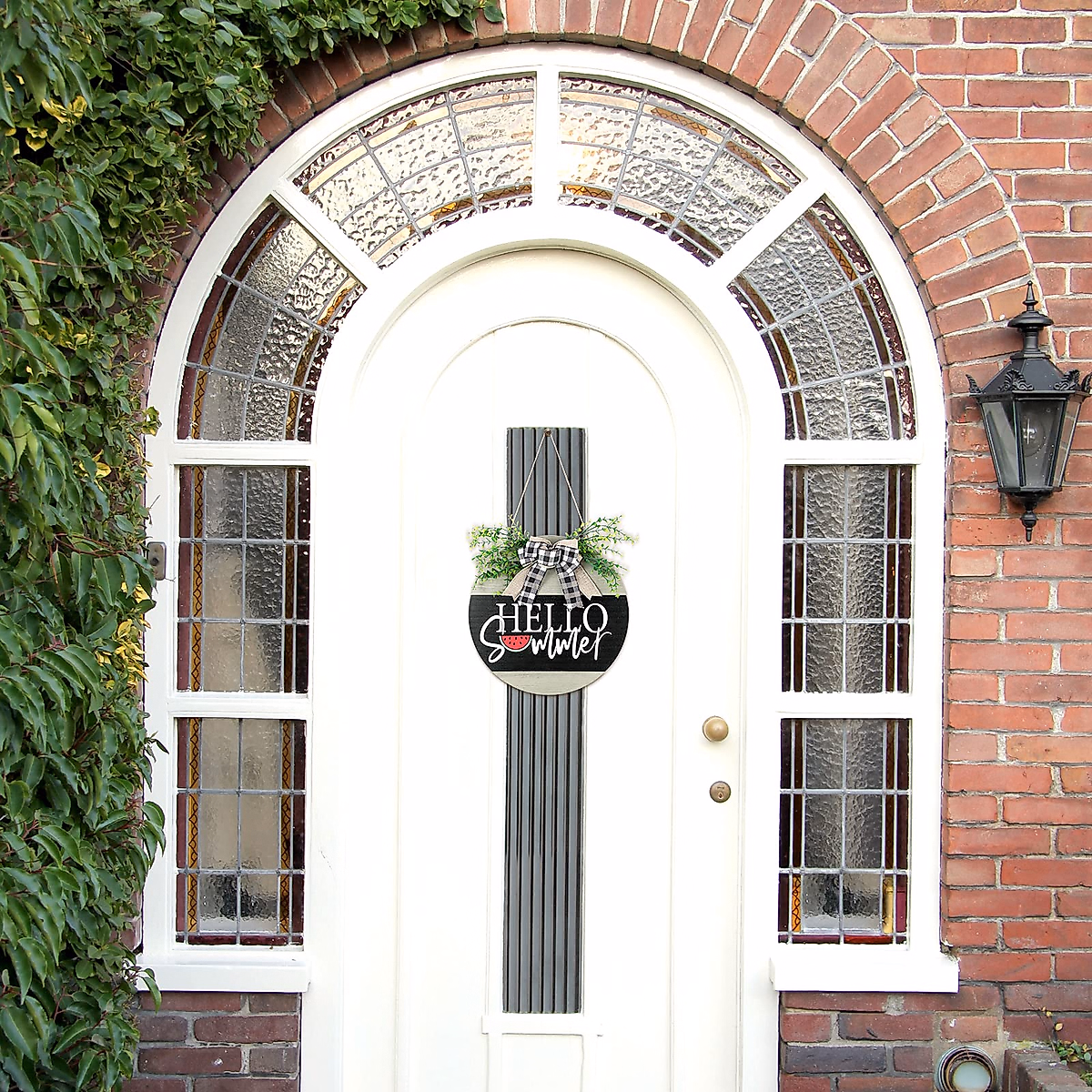 Jetec Hello Summer Sign Wood Door Hanger Rustic Watermelon Plaque Porch Decor Wooden Round Hello Summer Sign with Burlap Bow Wreaths for Summer Home Farmhouse Porch Garden Yard Decoration