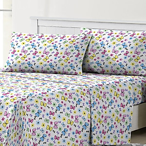 Dream Factory Kids Sheet Set Lightweight Microfiber Bed Sheets Super Soft Easy Wash Cozy Bedding 10” Pocket - Full, Purple Sweet Butterfly