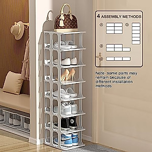 White Shoe Rack Organizer 8 Tier Narrow Shoe Rack for Closet, Durable Modern Shoe Stand Stacker, Free Standing Shoe Racks Vertical Small Entryway Hallway Shelf, Easy Assembly Shoe Tower Rack
