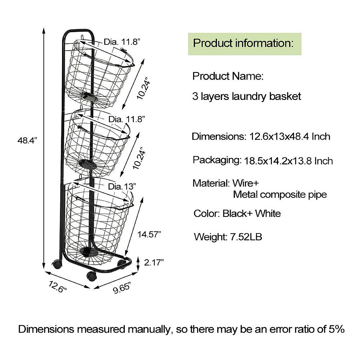 Lomani 3-layers laundry basket on wheels, laundry storage and organizer, cloth basket cart, organizer cart for clothes-BK