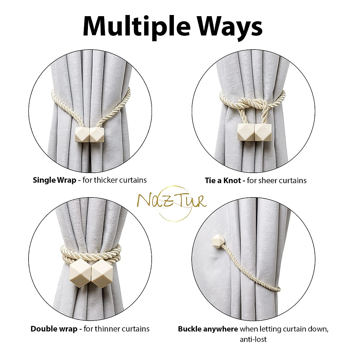 NazTur Magnetic Curtain Tiebacks- Upgrade 2022 with a Thicker Twist Rope and Strong Magnet Tieback Window Treatment Holdbacks Draperies Holders Decorative Drape Handmade Curtain Tie Back (Beige, 2)