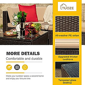 Tuoze 5 Pieces Patio Furniture Sectional Outdoor PE Rattan Wicker Lawn Conversation Cushioned Garden Sofa Set with Glass Coffee Table (Beige)