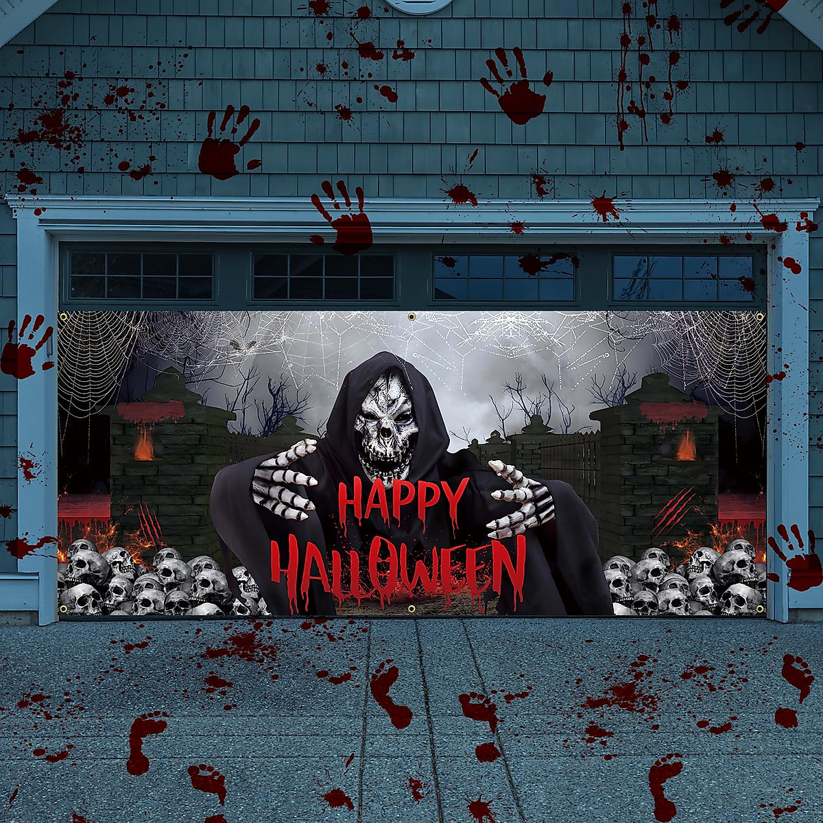 Vlipoeasn Halloween Garage Door Decorations, 7x16 Ft Halloween Garage Door Cover Banner, Skull Ghosts Halloween Outdoor Party Photography Backdrop Sign Poster Decorations Supplies