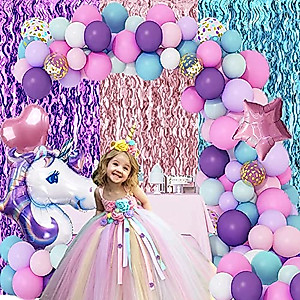 Wavy Tinsel Foil Fringe Curtains 3 Pack Photo Backdrop for Mermaid Birthday Party Decorations(3.2 ft x 6.6 ft,Teal Blue,Pink,Purple)