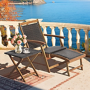 HAPPYGRILL Lounge Chair Table Set Outdoor Acacia Wood Lounge Chair with Wicker Side Table Folding Chaise Lounge with Retractable Ottoman for Garden Balcony Poolside