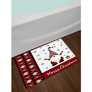 HVEST Merry Christmas Gnome Memory Foam Bath Mat, White Snowflakes on Red and Black Plaid Non Slip Bath Rug Kitchen Mat Door Mat Washable Absorbent Bathroom Décor Rug, 16 X 24 Inches