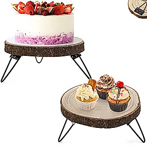 DEAYOU 2 Pack 10" Wood Cake Stand, Wooden Cupcake Pedestal, Paulownia Wood Slice Stand with Hairpin Metal Leg, Rustic Wedding Cake Holder Serving Tray for Display, Dessert Table, Candle, Plant, Decor