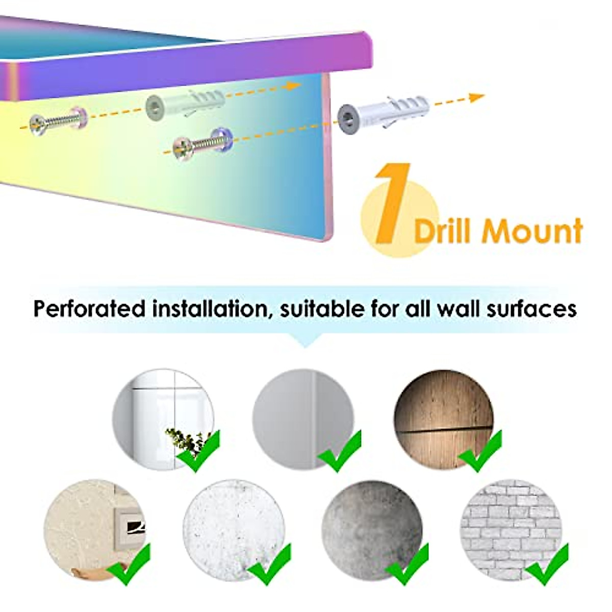 NiHome Iridescent Acrylic Floating Shelf 7.2"x3.7" Set of 2 Wall-Mounted Rainbow Ledge Shelves with Adhesive and Screw Mount Options for Phone, Bathroom, Kitchen, Bedroom, Office and Home Decor