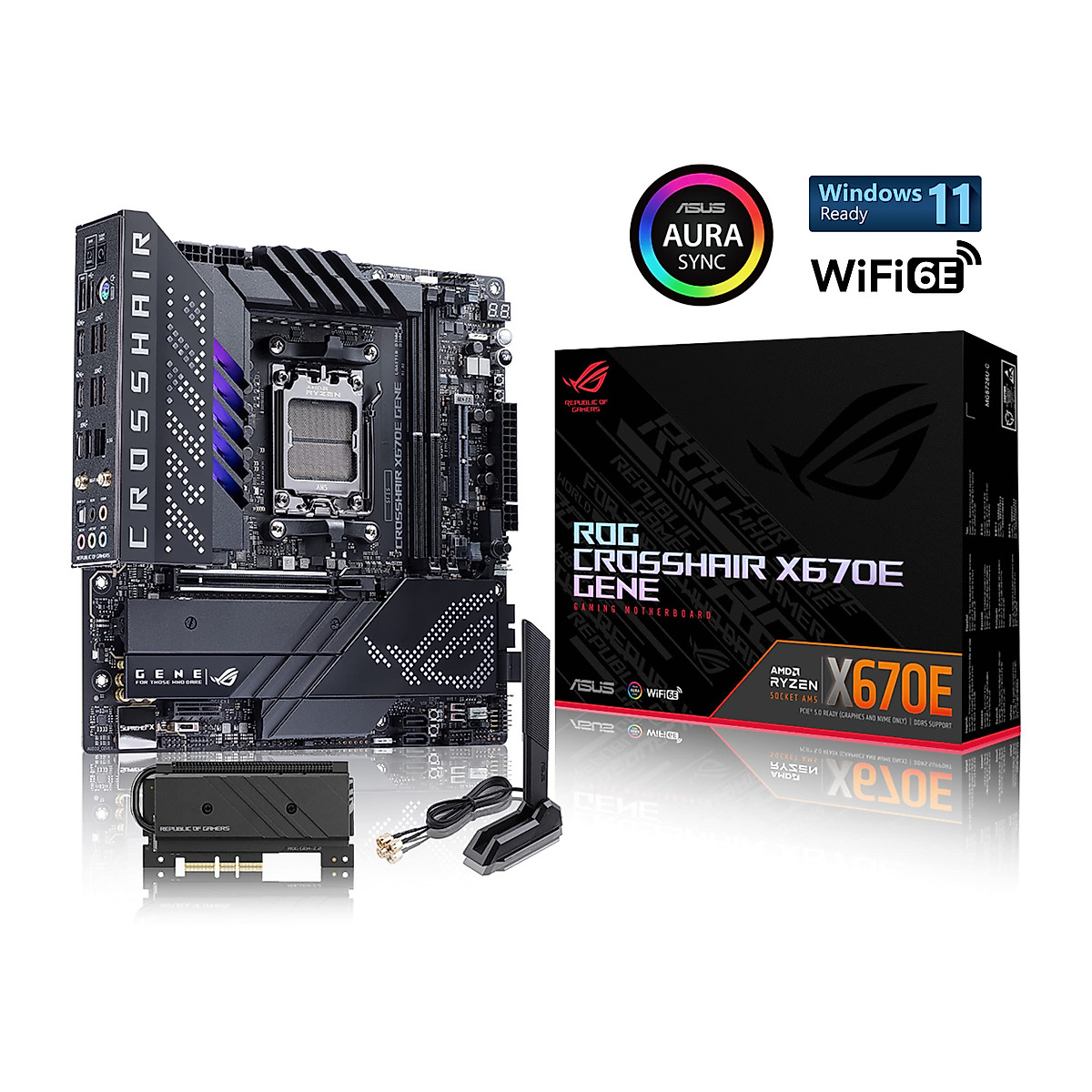 ASUS ROG CROSSHAIR X670E GENE WIFI 6E Socket AM5(LGA 1718) Ryzen 7000 mATX gaming motherboard (16+2 power stages, PCIe® 5.0, DDR5,USB 3.2 Gen 2x2 front-panel, USB4® ports, Wi-Fi 6E)