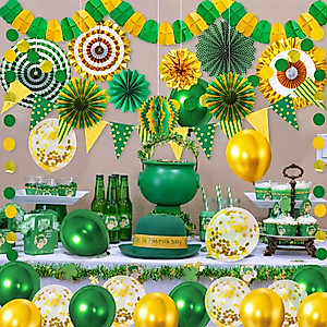 Green Gold Party Decorations, Graduation Season Hanging Paper Fans Honeycomb Balls Leaf Clover Garland Latex Balloons Triangle Flags Pennants for St. Patrick's Day Green Theme Birthday Gender Reveal