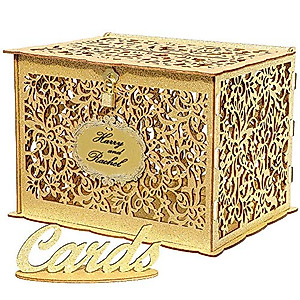 OurWarm Glittery Gold Wedding Card Box with Lock, Wood Gift Card Box Holder Money Box for Wedding Reception Birthday Party Baby Shower, Open House Celebration or Graduation Party Decorations