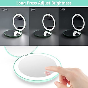 wobsion Travel Mirror with Light, Rechargeable 1x/10x Compact Magnifying Mirror, Dimmable Pocket Mirror,3.5inch Travel Size,Portable for Handbag,Purse,Gift,Cyan