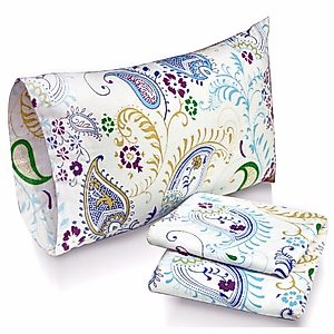 Tribeca Living Paisley Garden Printed Deep Pocket Flannel Sheet Set with Pillowcase,4pcs, King