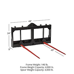Titan Attachments HD Skid Steer Hay Frame Attachment, Two 49" Hay Spears, Rated 4,000 LB, Quick Tach Mounting, Hay Handing Equipment for Bobcat Tractors