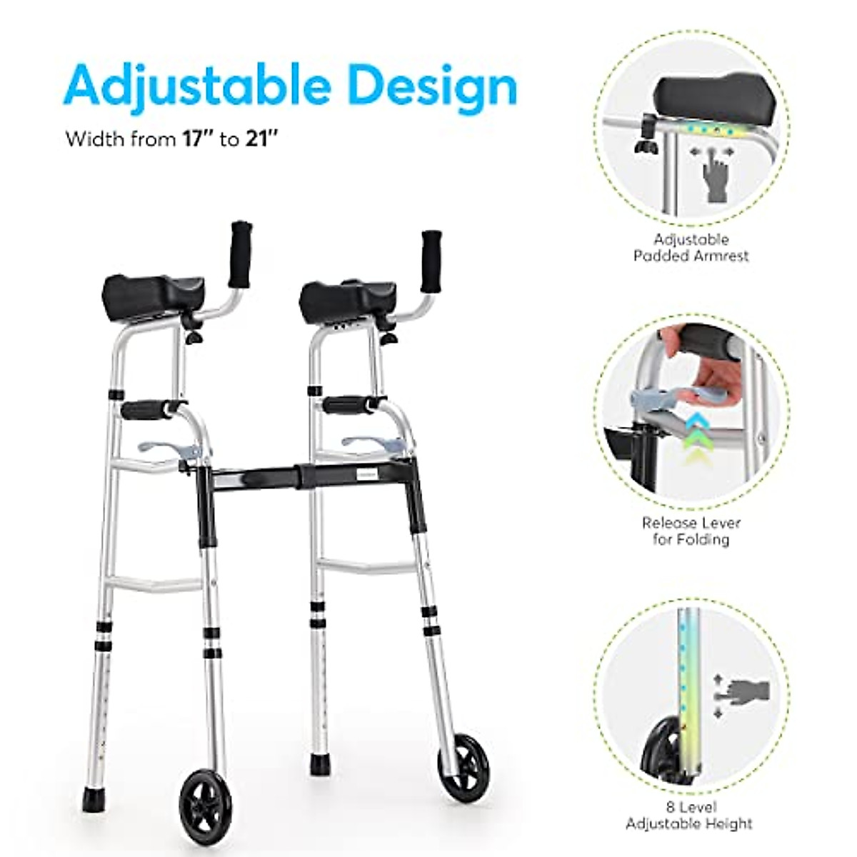 OasisSpace Folding Walker - Standard Walker with 5’’ Wheels and Removable Padded Armrests 300lbs, Platform Walker with Arm Support for Senior, Handicap & Disabled