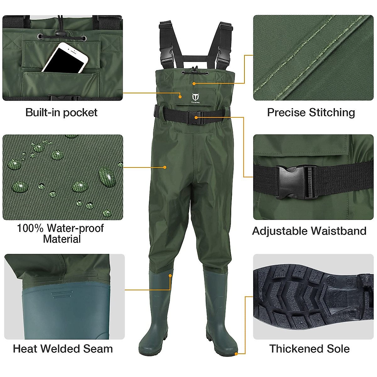 TIDEWE Bootfoot Chest Wader, 2-Ply Nylon/PVC Waterproof Fishing & Hunting Waders with Boot Hanger for Men and Women Green Size 6