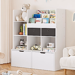 IDEALHOUSE Kids Bookshelf with Drawers 47.8in Toy Storage Organizer Modern Bookcase with Cubbies White Floor Storage Cabinet Wooden Toy Chest Playroom, Classroom, Nursery, Kids Room