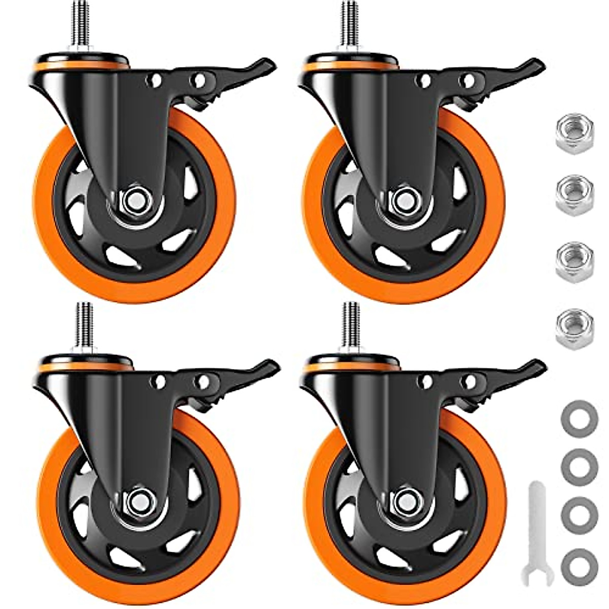 4 Inch Caster Wheels 2200Lbs, Threaded Stem Casters Set of 4 Heavy Duty, 1/2"-13 x 1" (Screw Diameter 1/2", Stem Length 1"), Safety Dual Locking Industrial Castors, Wheels for Cart, Furniture