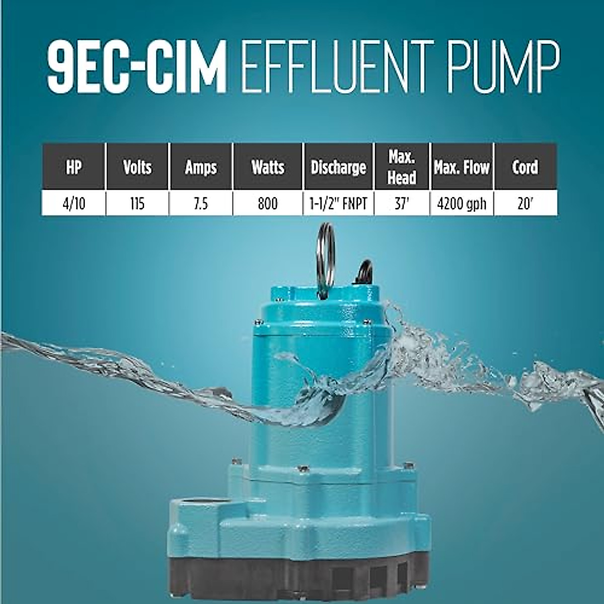 Little Giant 9EC-CIM 115-Volt, 4/10 HP, 4200 GPH Manual Cast Iron Sump/Effluent Pump with 20-Ft. Cord, Blue, 509805