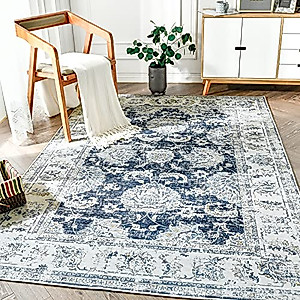 jinchan Area Rug 8x10 Persian Rug Washable Boho Living Room Rug Floral Print Large Rug Indoor Soft Distressed Foldable Carpet Thin Rug Bedroom Dining Room Office Farmhouse Dark Blue