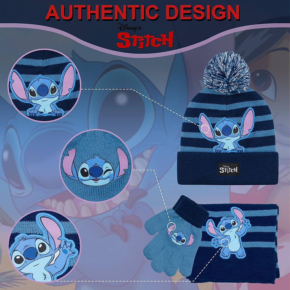 Disney Lilo and Stitch Kids Beanie Hat and Glove Set for Girls – Blue Stitch Hat for Girls Ages 5-13