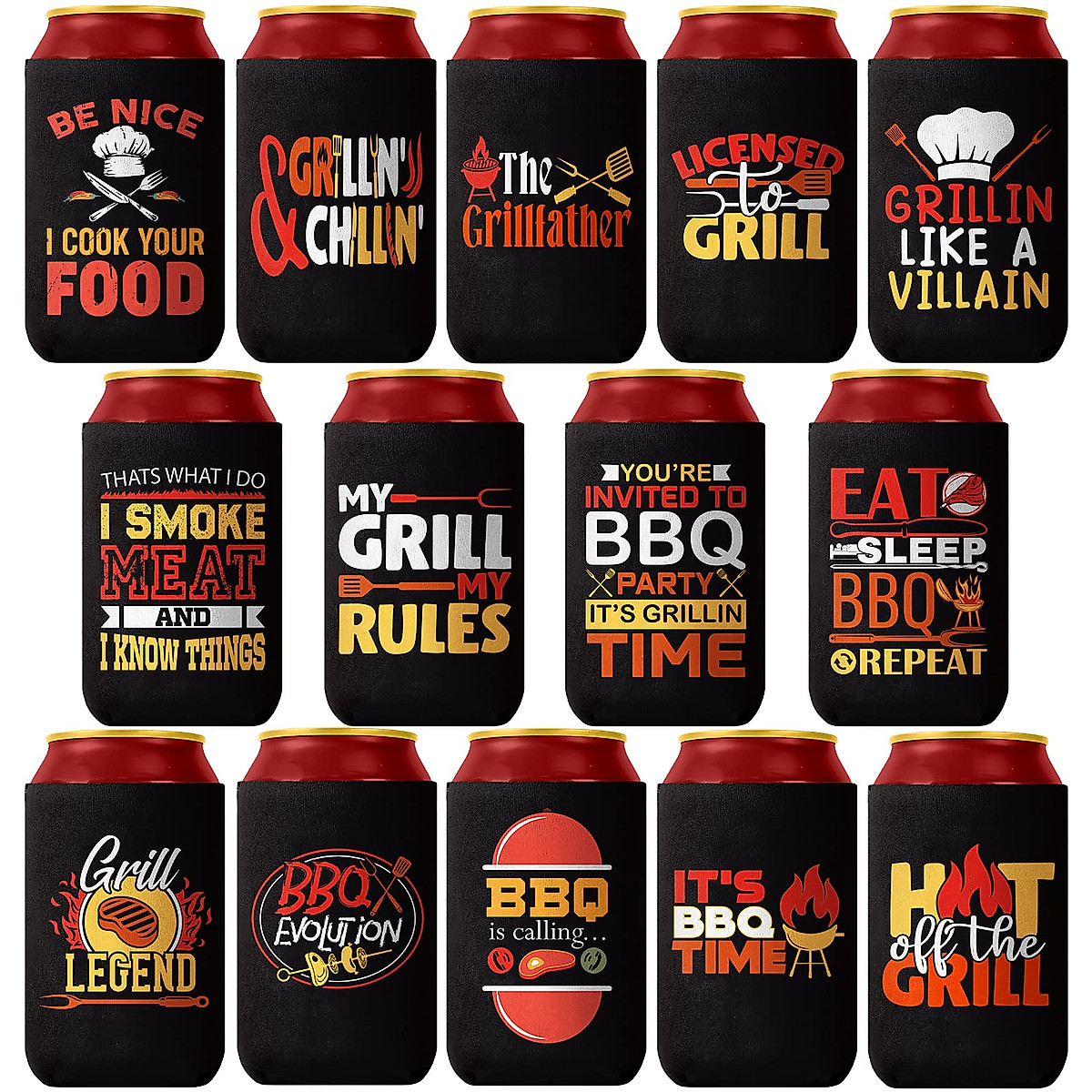 BBQ Party Decorations Can Coolers - Pop Nordic 14 Pack Funny Beer Can Sleeves Bulk, Reusable Neoprene Beer Cozy for BBQ Party Favor Supplies